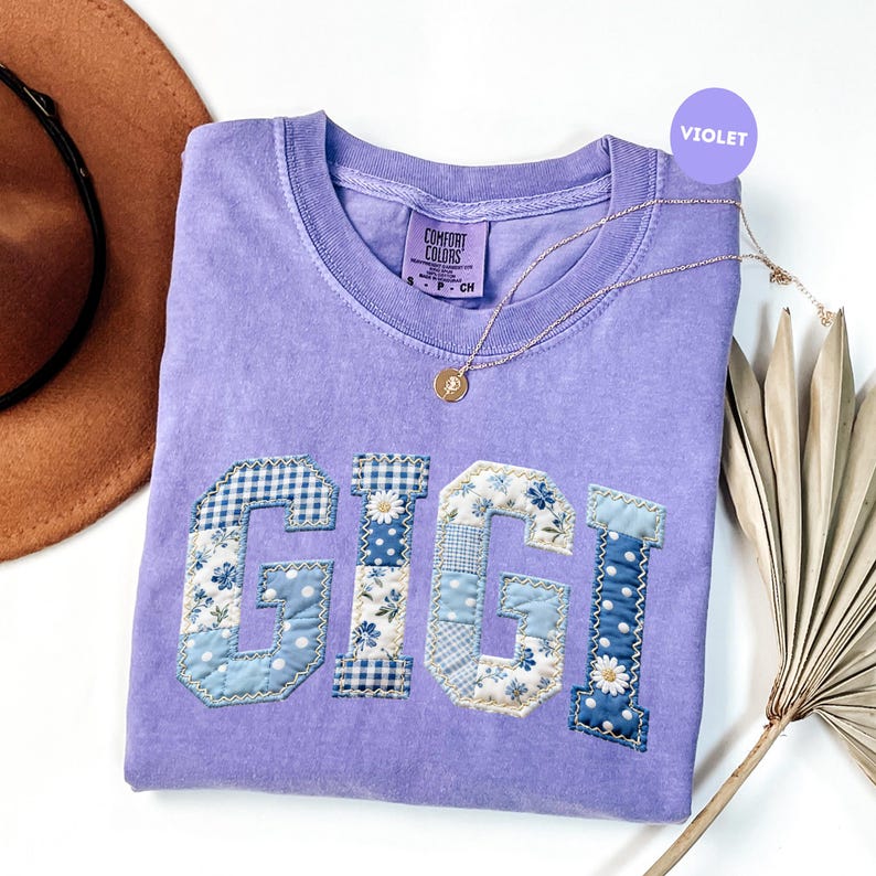 Comfort Colors Faux Patchwork Gigi Shirt, Printed Blue Gingham Grandma ...