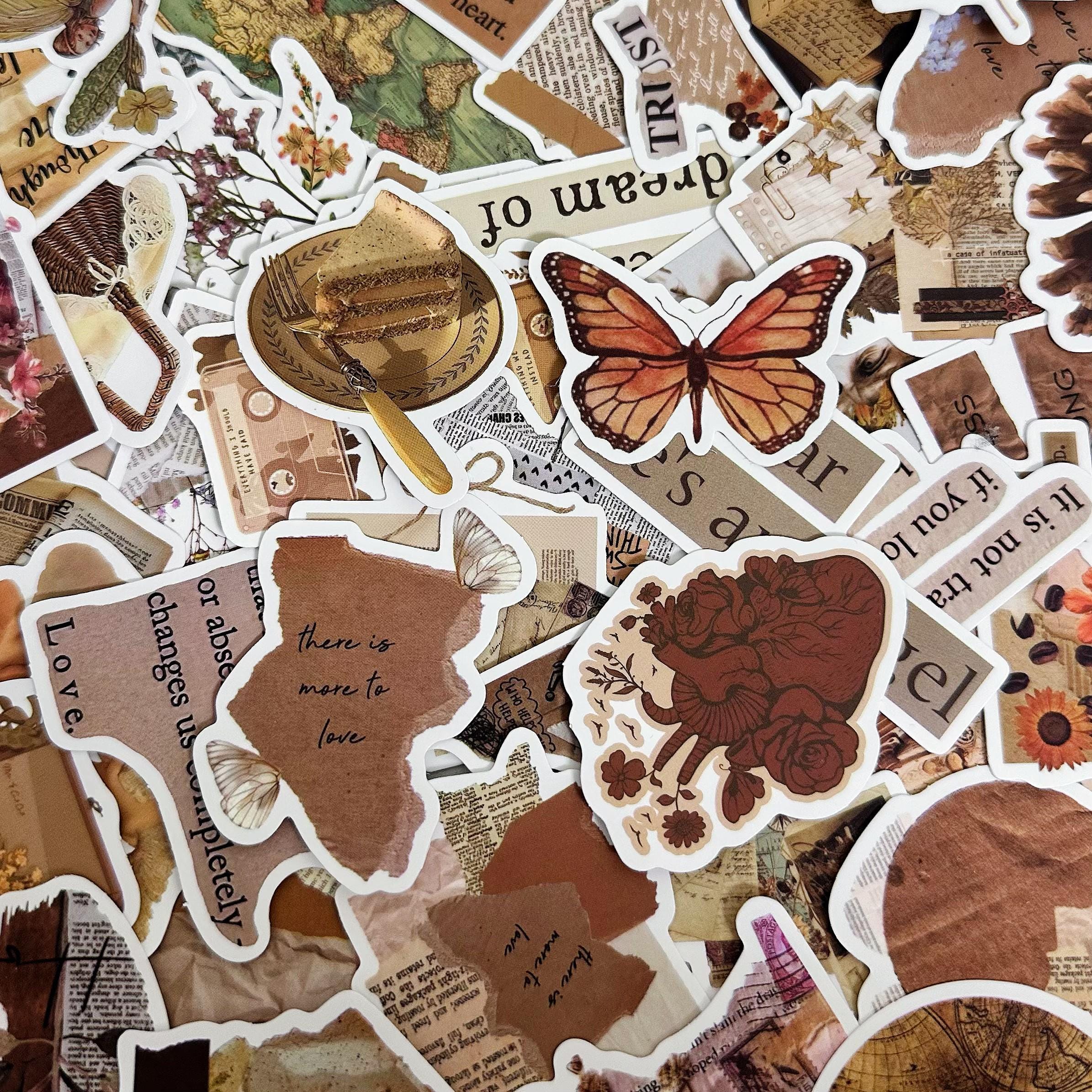 50pcs Vintage Paper Stickers, Brown Scrapbook Stickers, Rretro Object ...