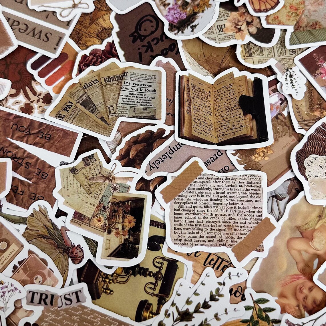 50pcs Vintage Paper Stickers, Brown Scrapbook Stickers, Rretro Object ...