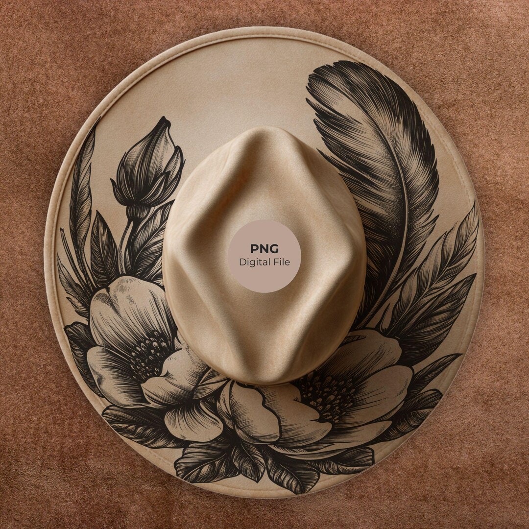 Boho Flowers & Feather Hat Pyrography Design: Laser Engraving Template ...