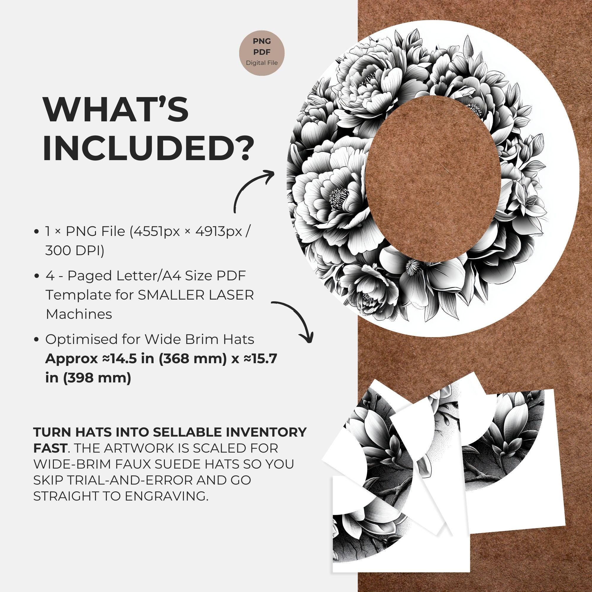Peonies Hat Pyrography Design - Laser Engraving Template (PNG & PDF ...