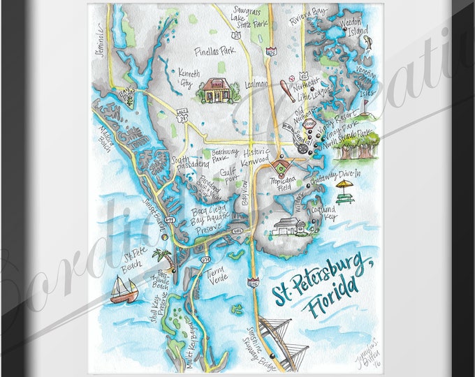 St. Petersburg Florida Map Watercolor Illustration Print on Matte White ...