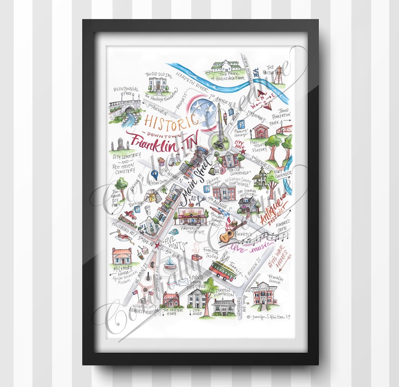 Franklin TN Map Illustration Poster Print 11x17 Inches, Digitally ...