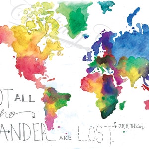 World Map Watercolor Illustration "not All Who Wander Are Lost" Print ...