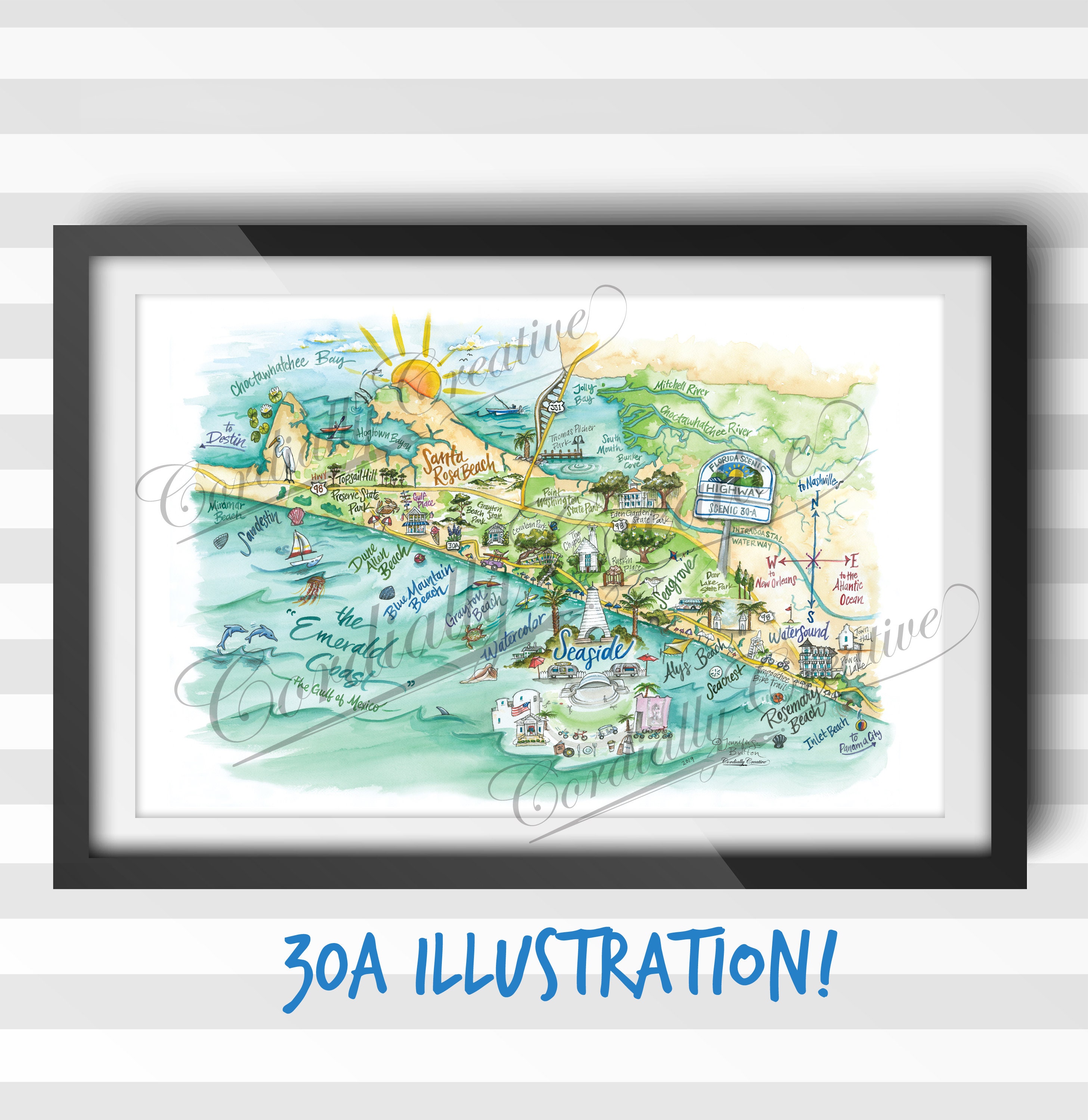 30a Map Illustration LARGE DELUXE Print 30x20 Inches on Matte Textured ...