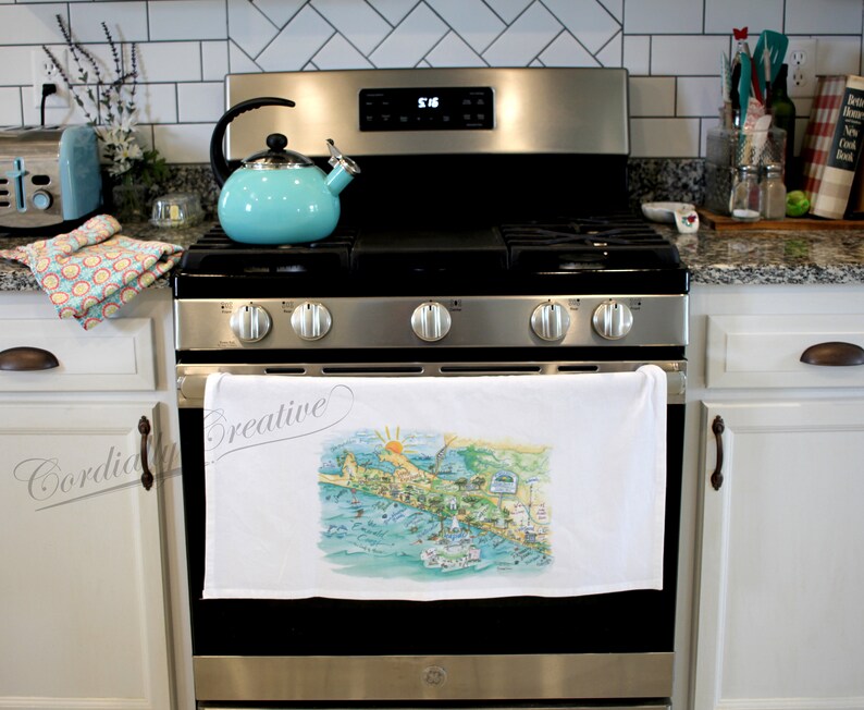 30a Tea Towel With Map Illustration, Digitally Printed on White Cotton ...