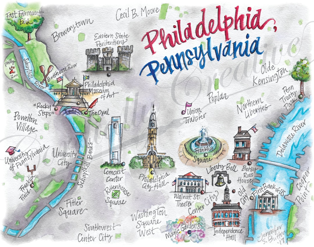 Philadelphia Map Watercolor Illustrated Print 8x10 Inches, Digitally ...