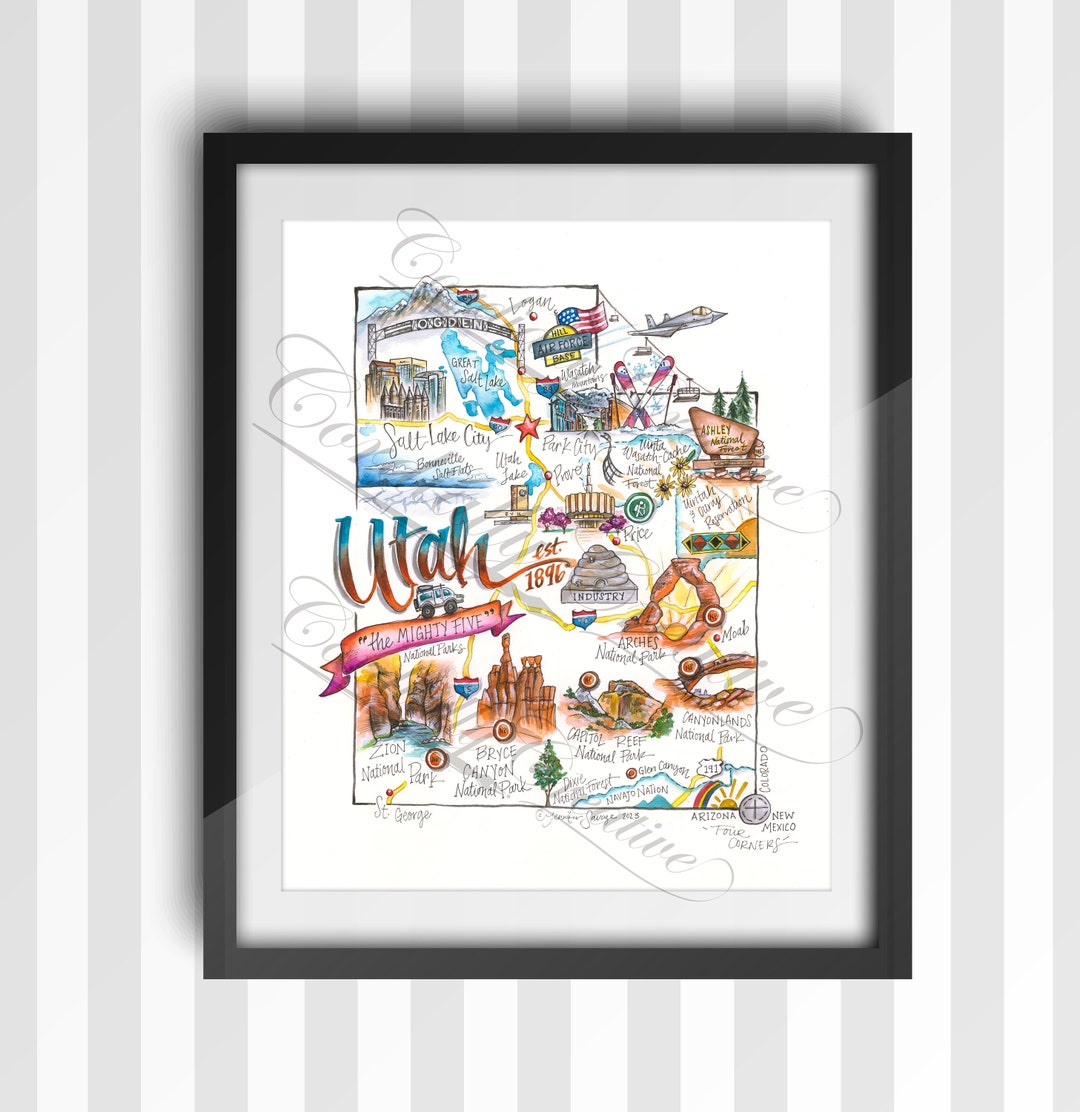 UTAH Map Illustration Poster Print 11x14 In, Digital Print on White ...