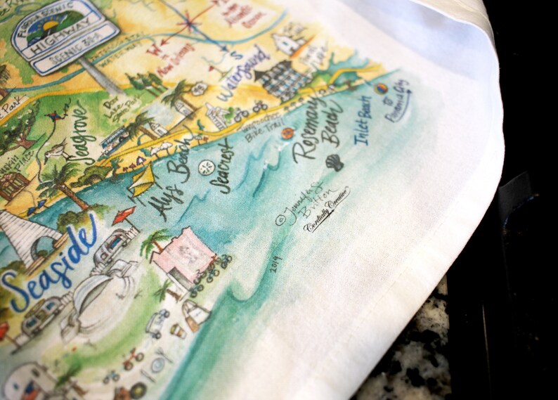 30a Tea Towel With Map Illustration, Digitally Printed on White Cotton ...