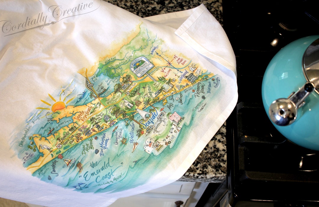 30a Tea Towel With Map Illustration, Digitally Printed on White Cotton ...