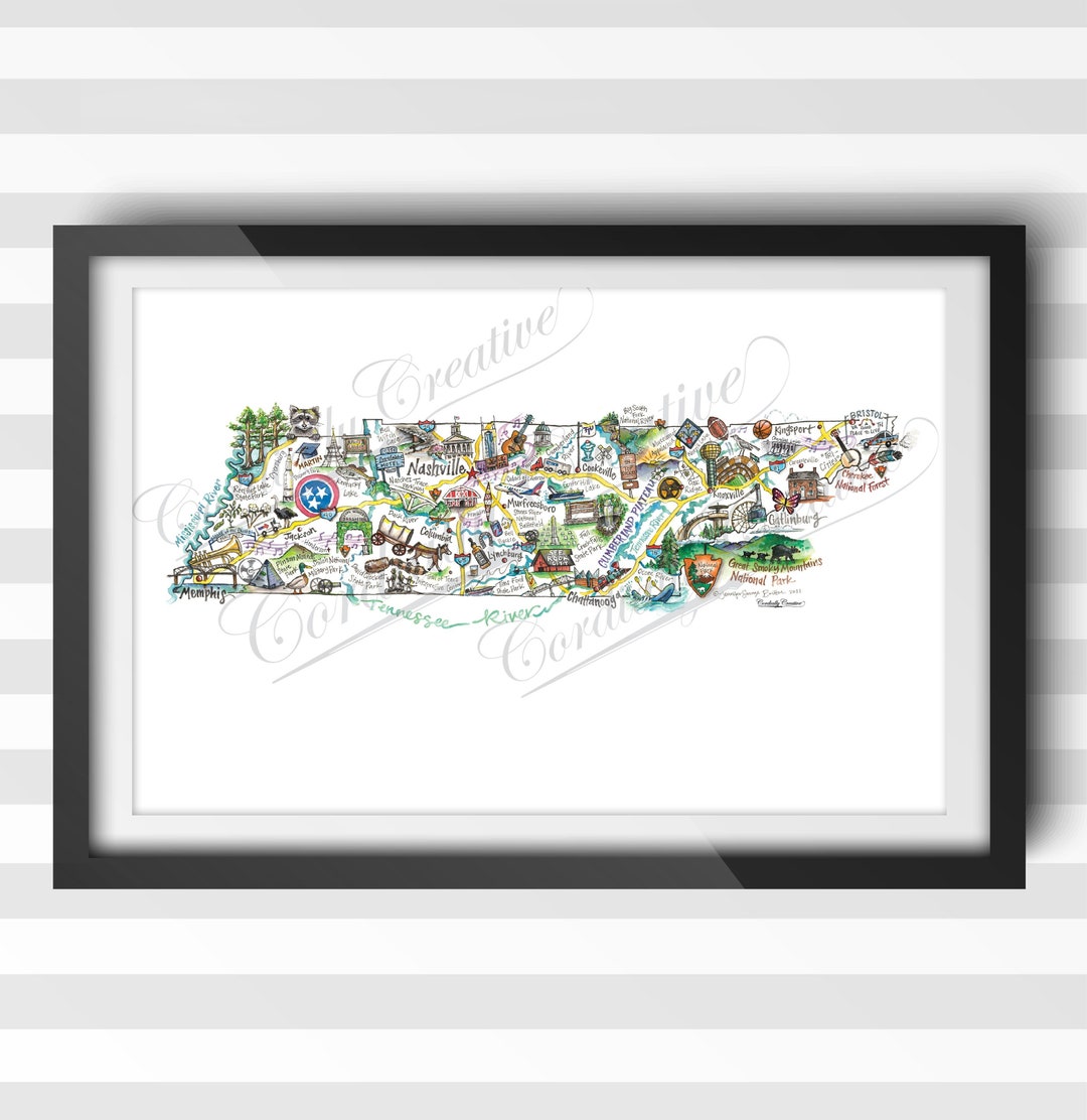 Illustrated Tennessee Map, Watercolor Print, TN, Nashville, Memphis ...