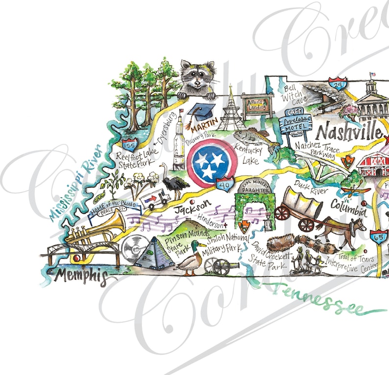 Illustrated Tennessee Map, Watercolor Print, TN, Nashville, Memphis ...