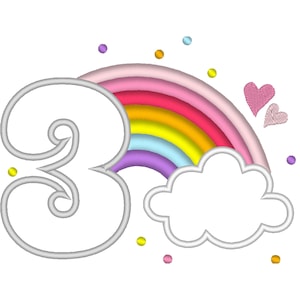 Cute Rainbow Birthday Number 3 THREE Machine Embroidery Applique ...