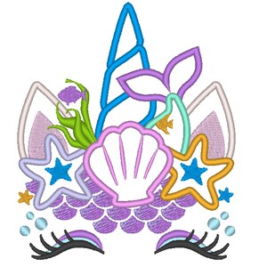 Mermaid Sea Unicorn Head With Shell and Star Crown Applique Machine ...