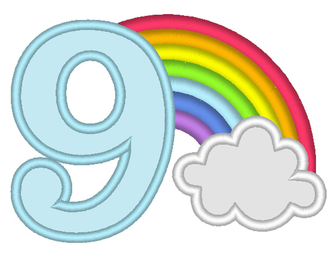 Rainbow in Cloud Birthday Number 9 NINE Machine Embroidery Applique ...