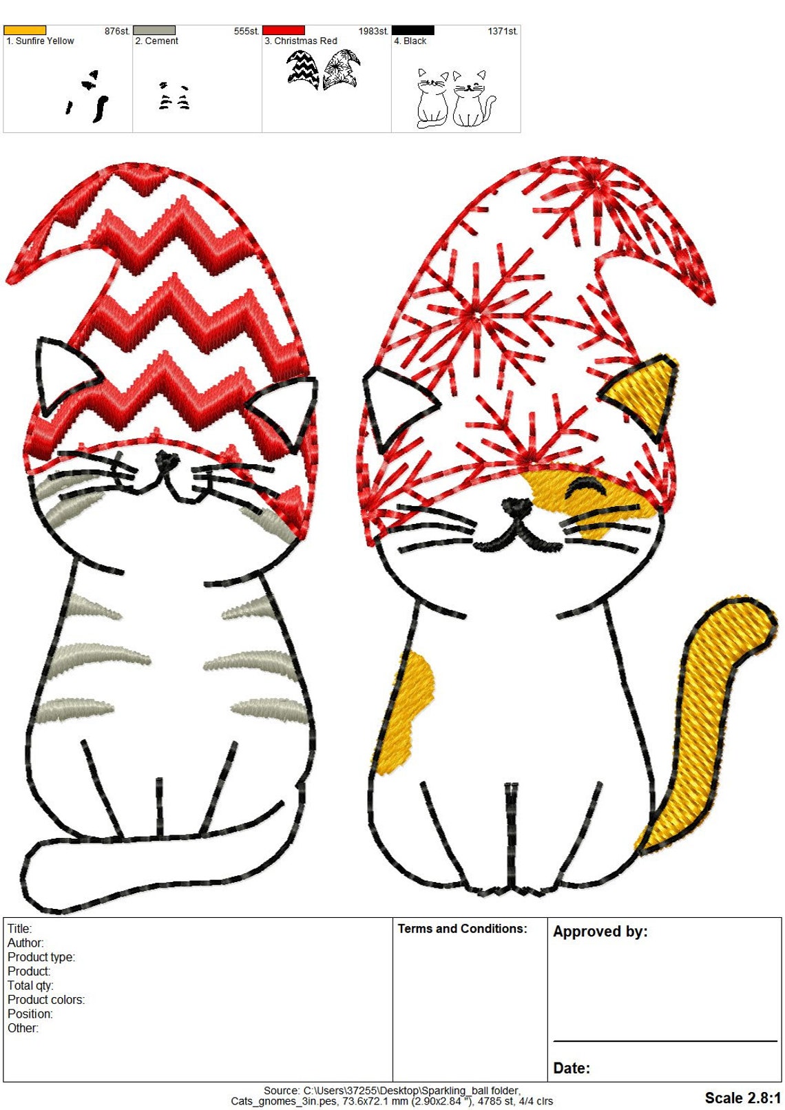 Christmas Gnome Cats, Two Cat Gnomes in a Row, Sketch Light Stitch Hand ...