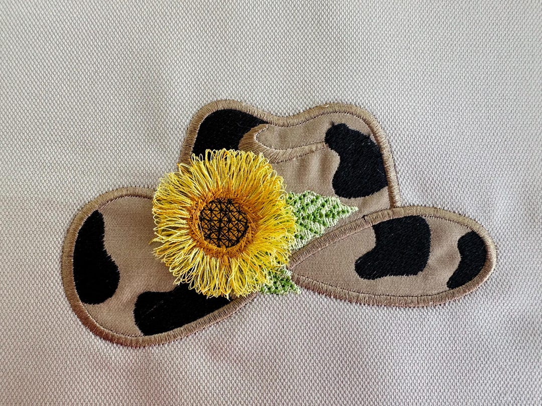 Pretty Cowgirl Cowboy Hat Applique Design Fringed Fluffy Sunflower ...