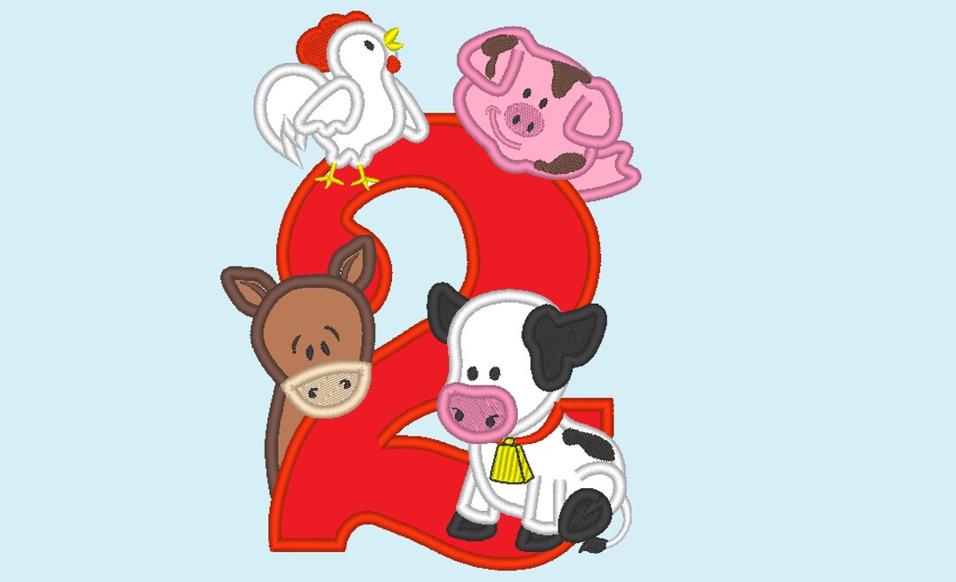 Farm Birthday Number TWO 2 With Cow Pig Horse and Rooster - Cute Farm ...