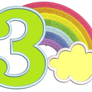 Rainbow in Cloud Birthday Number 3 THREE Machine Embroidery Applique ...