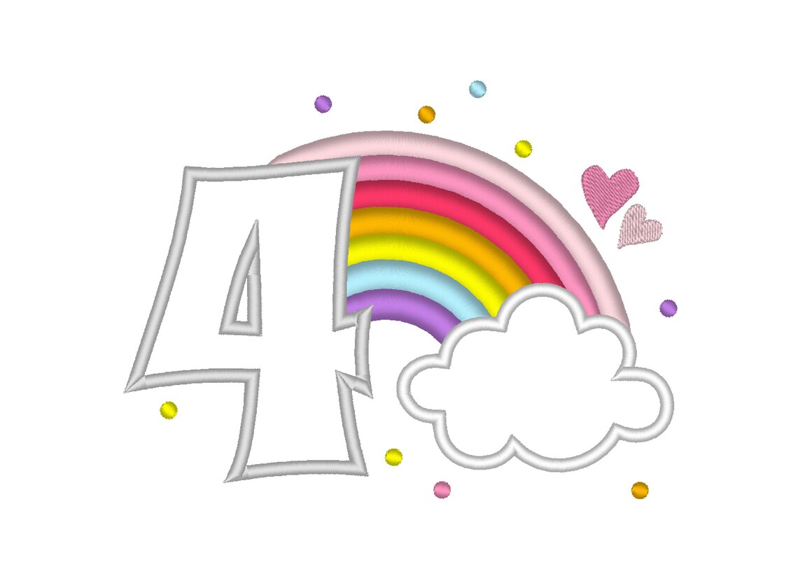 Cute Rainbow Birthday Number 4 FOUR machine embroidery | Etsy