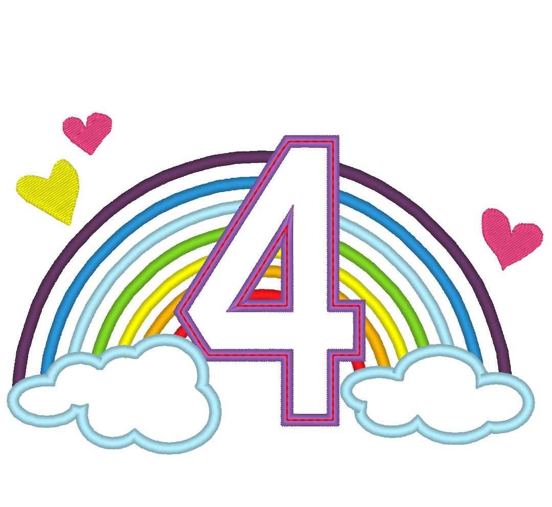 Cute Rainbow Birthday Number 4 Four Only Machine Embroidery Applique ...