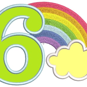 Rainbow in Cloud Birthday Number 6 SIX Machine Embroidery Applique ...