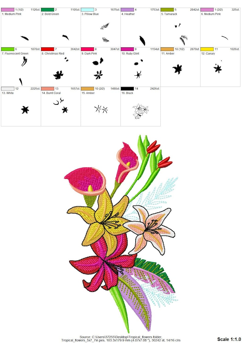 Tropical Flowers Floral Flower Bouquet Machine Embroidery Designs ...