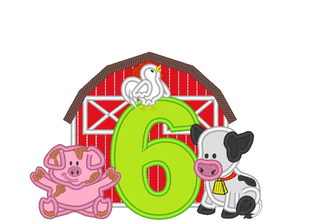 Farm Barn Animals Birthday Number SIX 6 With Barn, Cow, Pig, Rooster ...