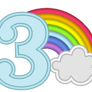 Rainbow in Cloud Birthday Number 3 THREE Machine Embroidery Applique ...