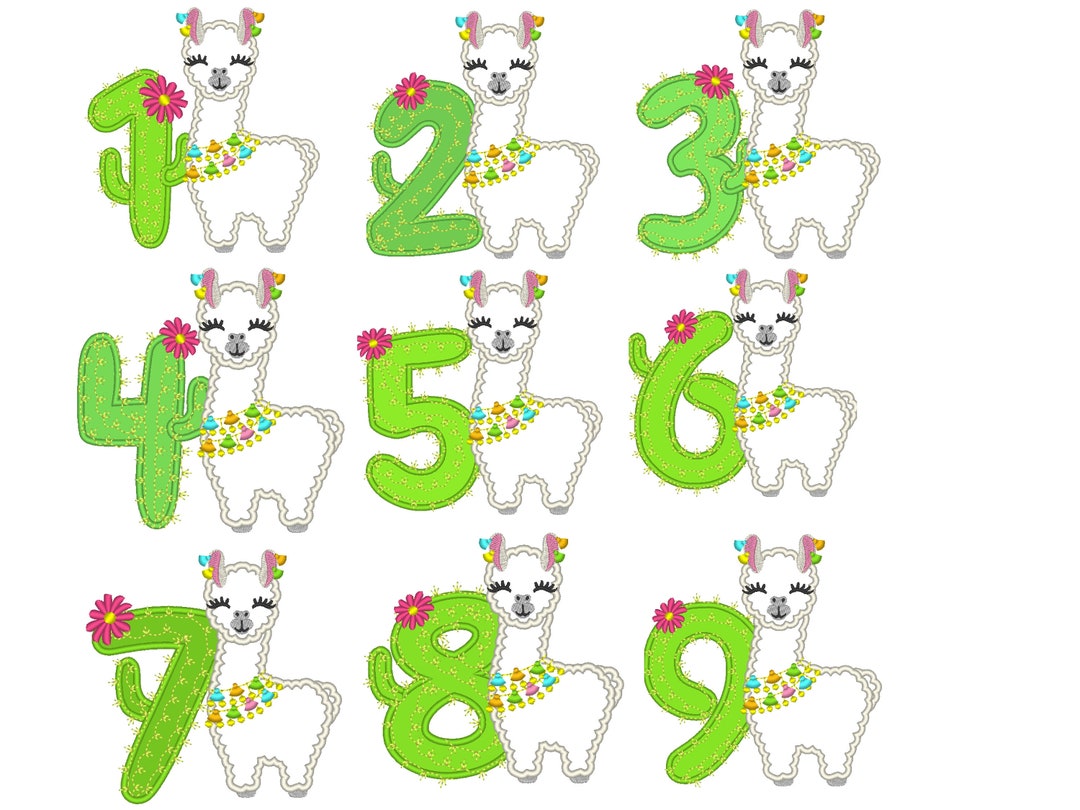 Llama Alpaca Birthday Cactus Number Set 1-9 Applique Designs Pretty ...