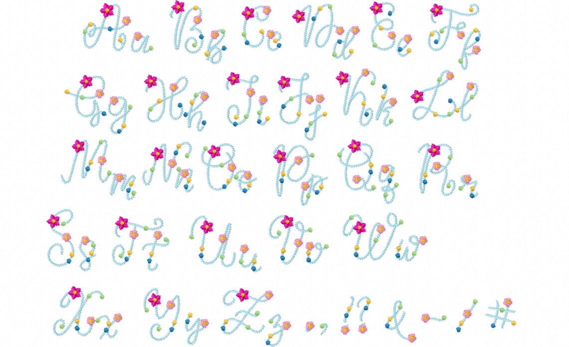 Floral Pearl Font Gigi Handwriting Type Alphabet, Line Outline Stitch ...