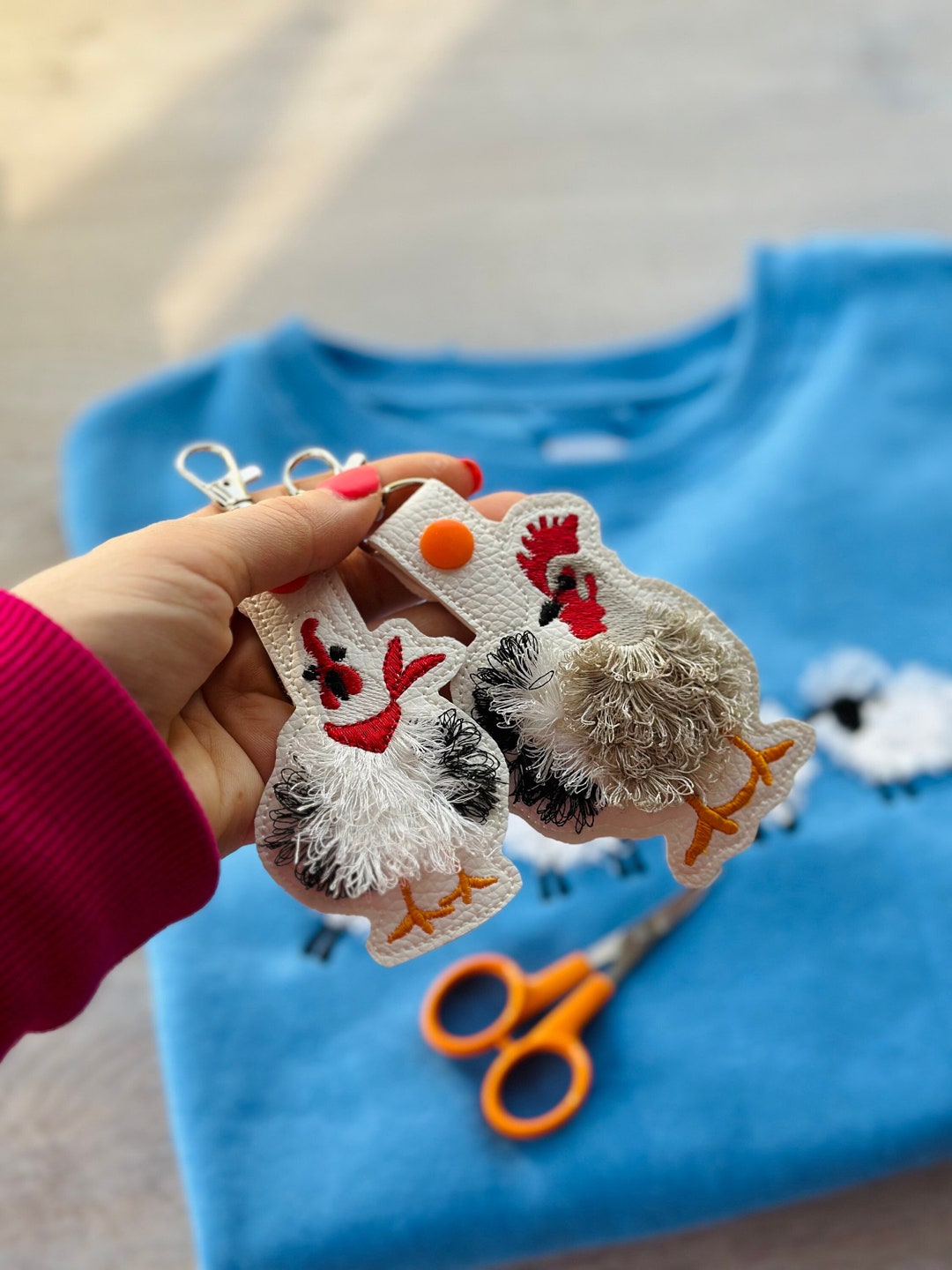 Fringed Chicken Key Fob Snap Tab SET of 2 Chicken Keychain in the Hoop ...