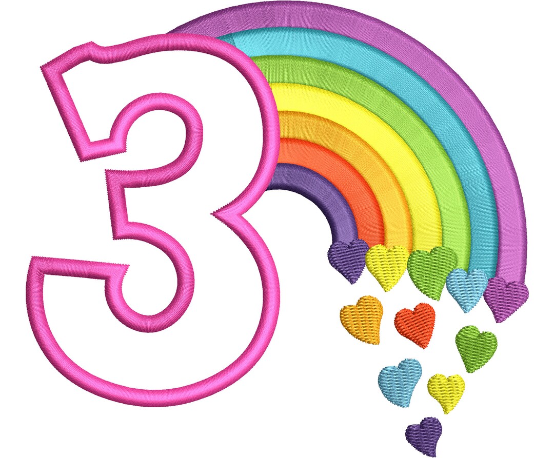 Cute Rainbow Birthday Number 3 Three Machine Embroidery Applique ...