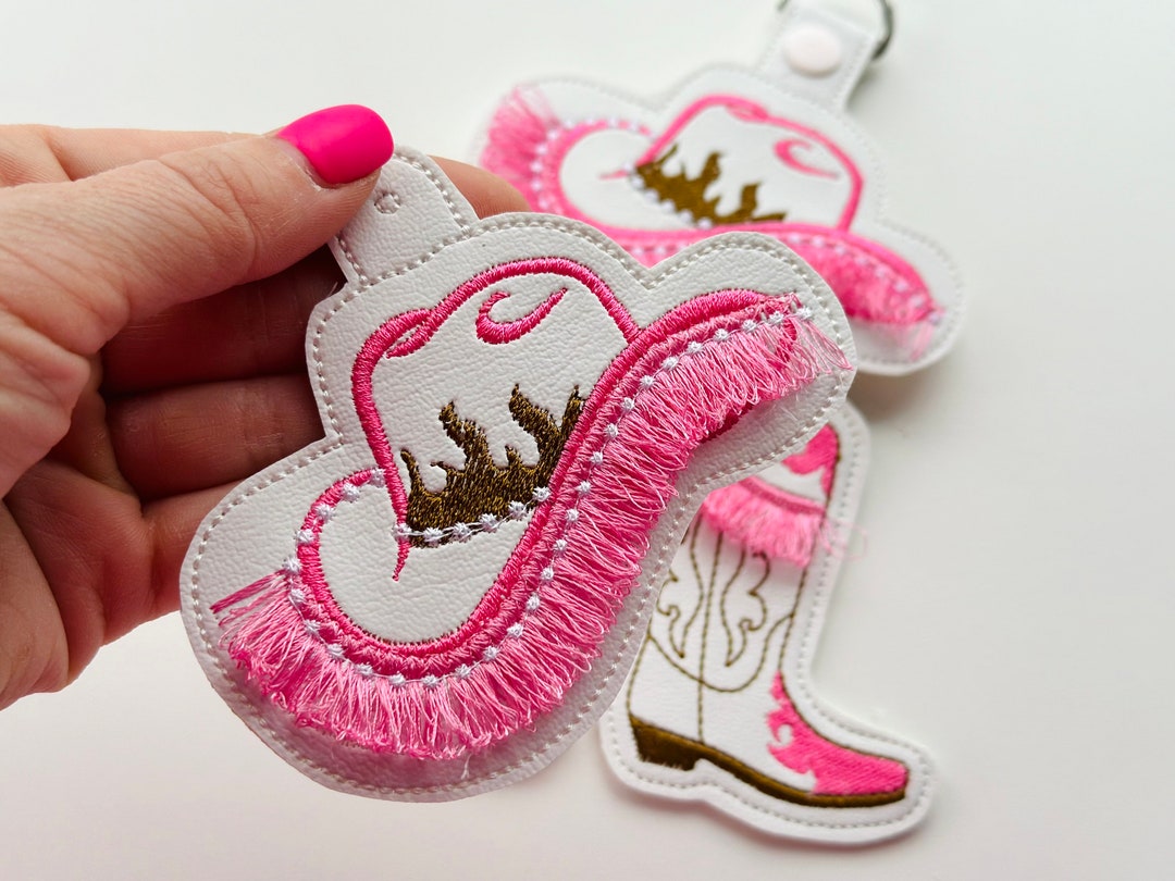 Pretty Cowgirl Cowboy Boots and Hat Pink Key Fob Snap Tab and Eyelet ...