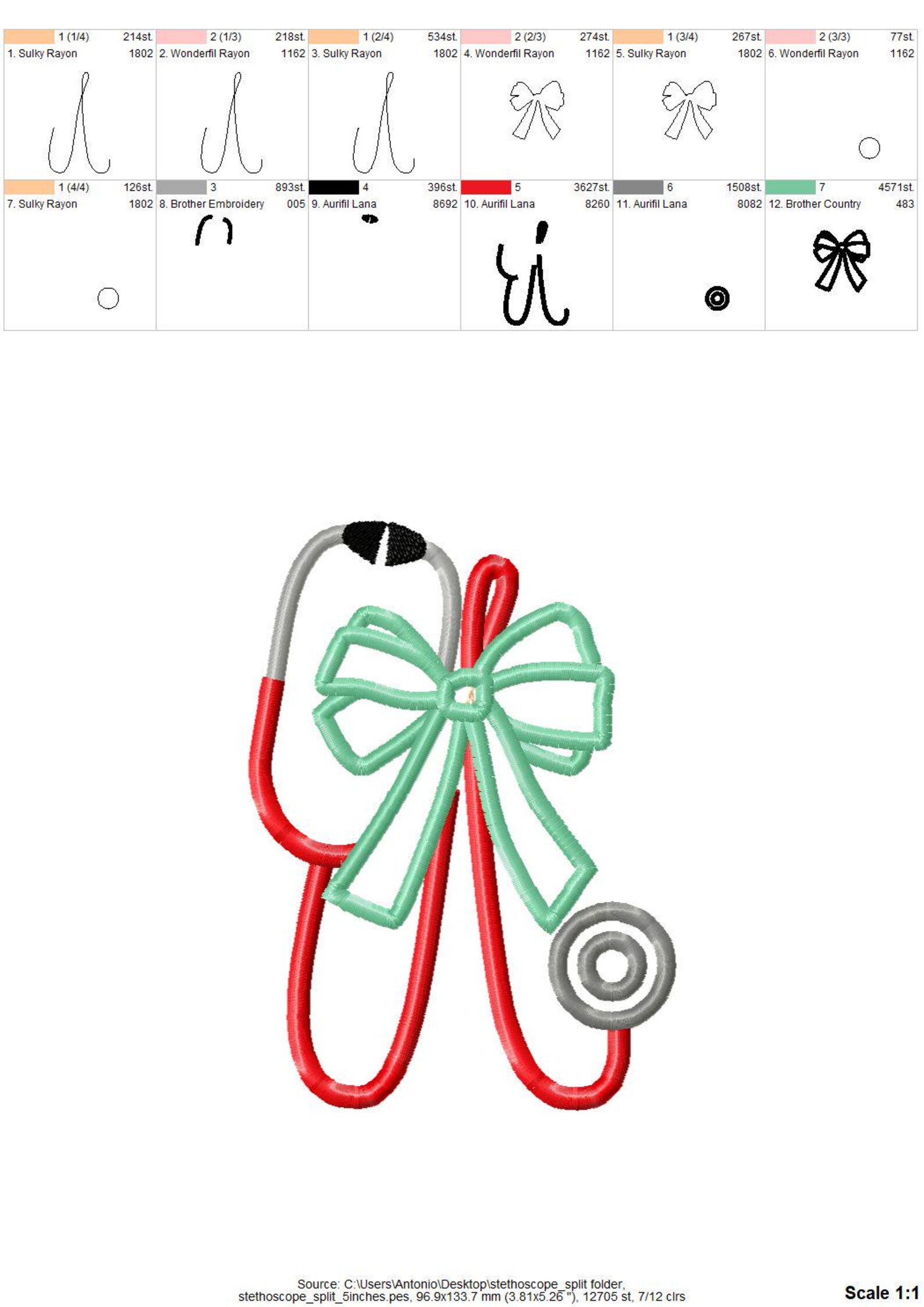 Therapist Medic Stethoscope and Bow Split Seam Side Bow Applique ...