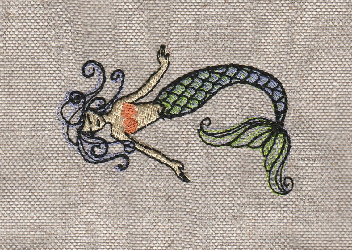 Mermaid Sketch Stitch Outline Bean Triple, Lock Stitch Embroidery ...
