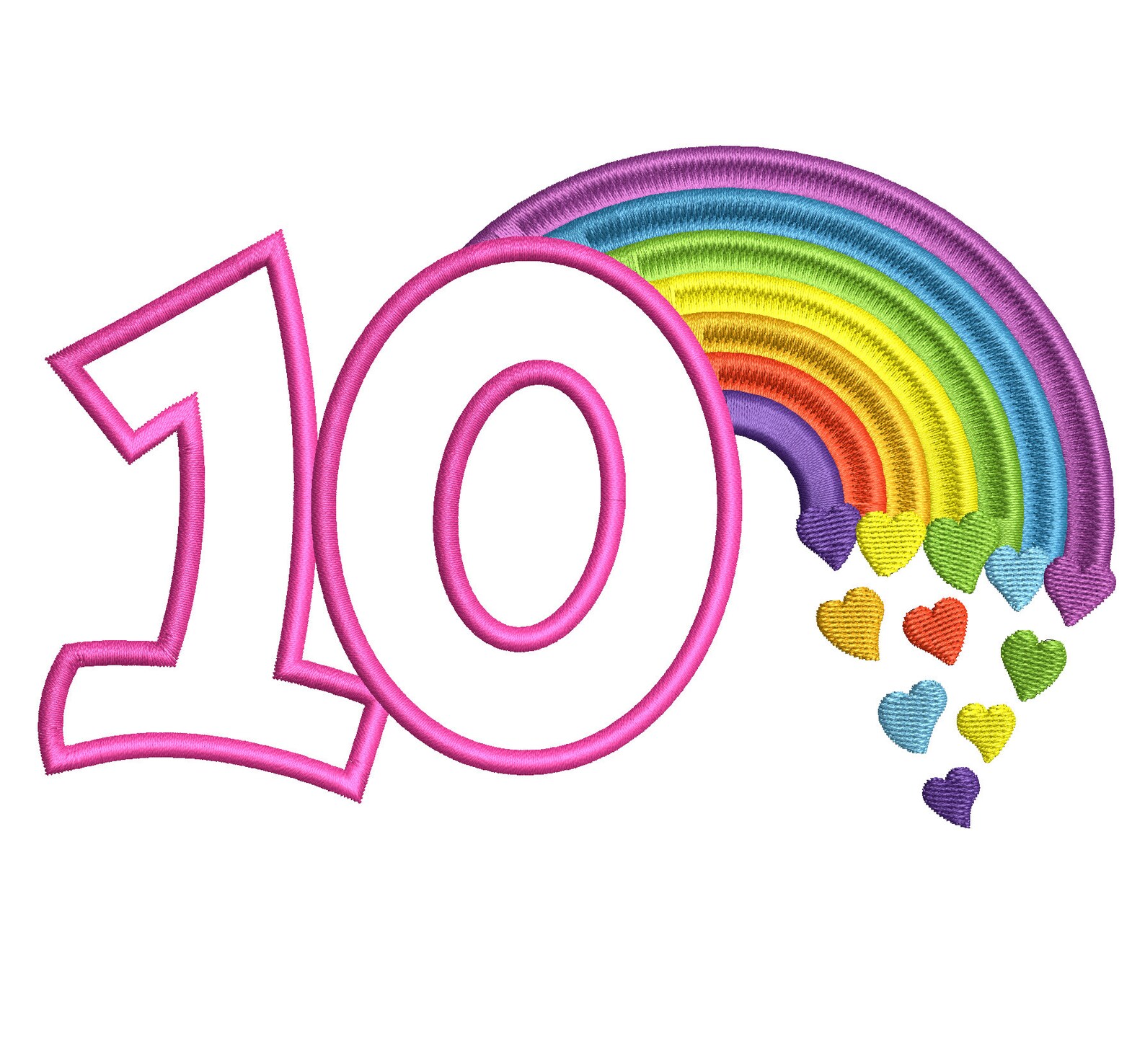 Cute Rainbow Birthday Number 10 TEN Machine Embroidery Applique Designs ...