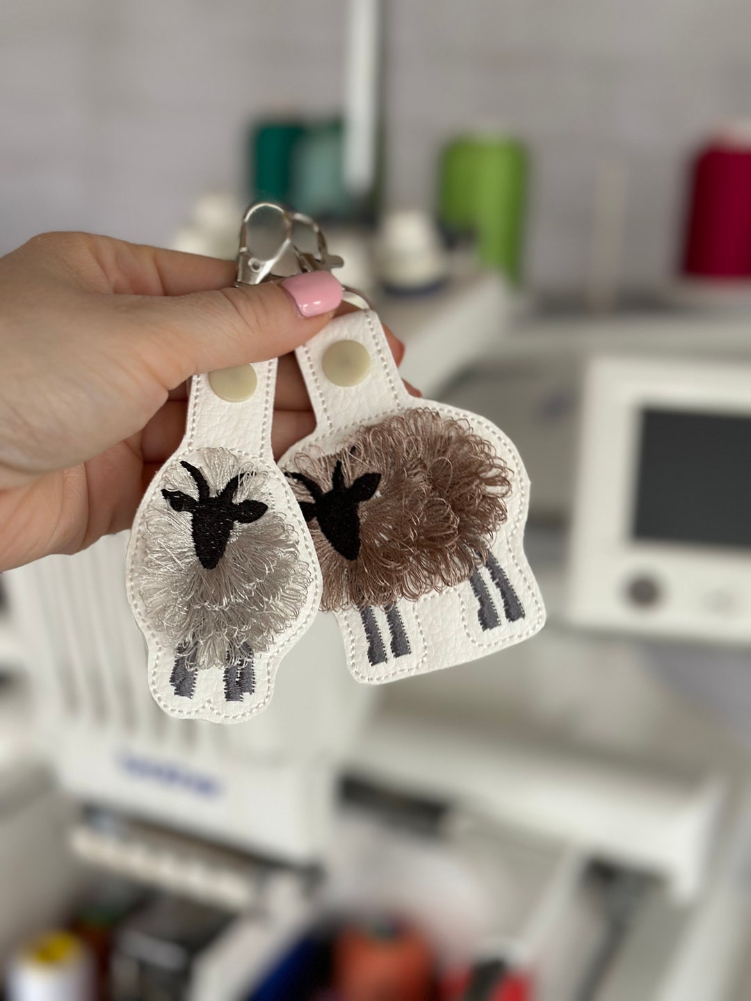 Fringed Goat Key Fob Snap Tab SET of 2 Fluffy Goat Keychain in the Hoop ...