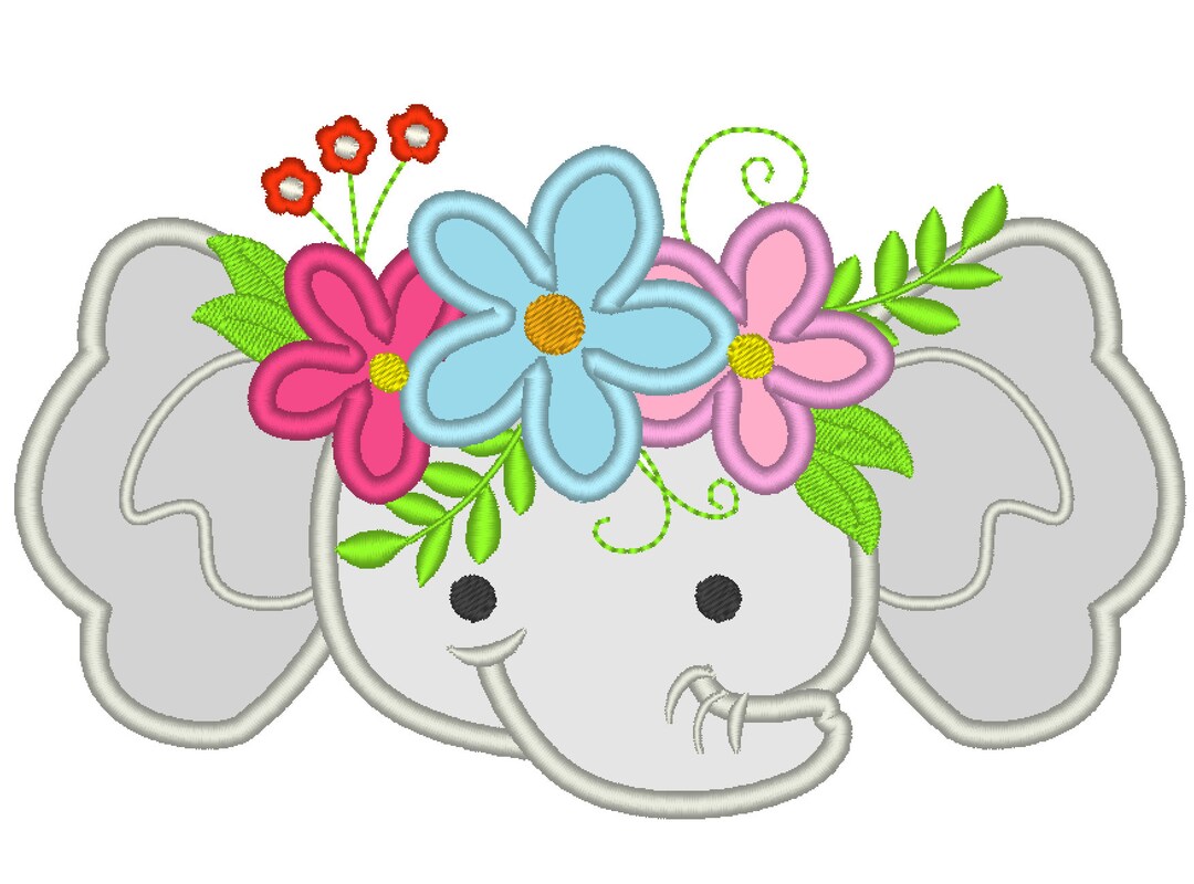 Little Elephant Head With Shabby Chick Flowers Crown Applique Machine ...