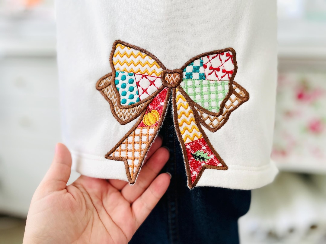 Patchwork Bow Side Split Seam Bow Patterned Applique Machine Embroidery ...