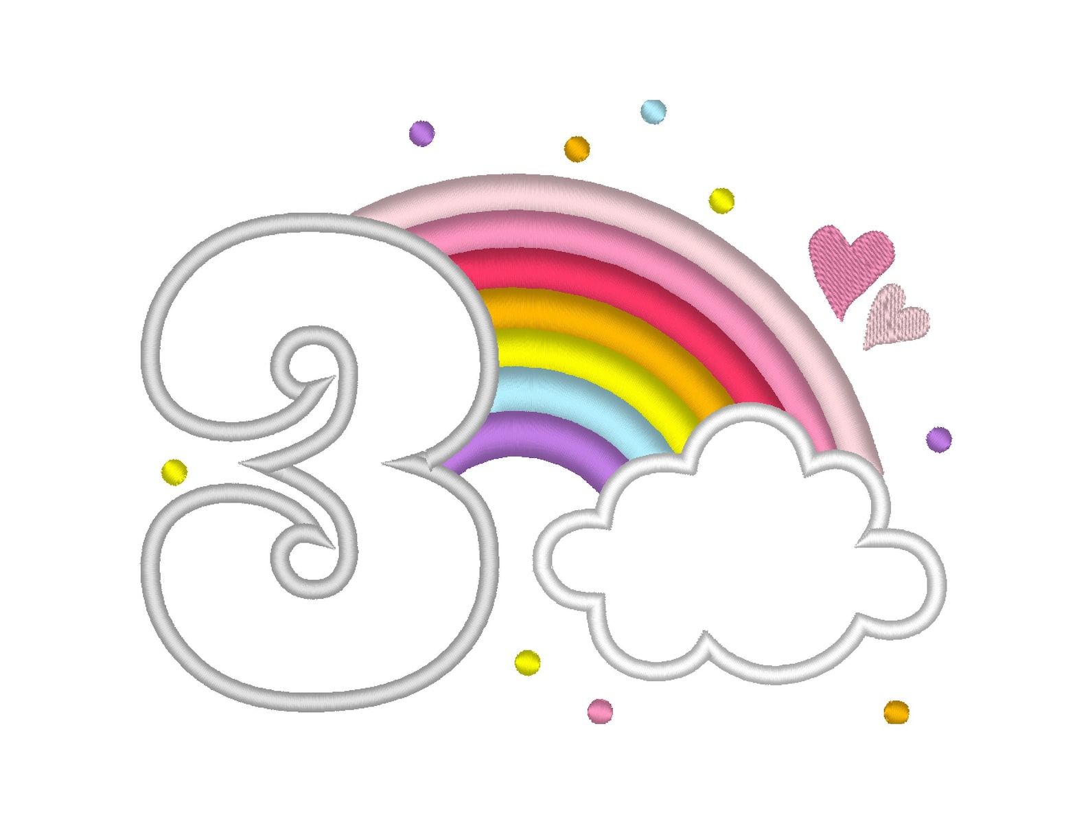 Cute Rainbow Birthday Number 3 THREE Machine Embroidery Applique ...