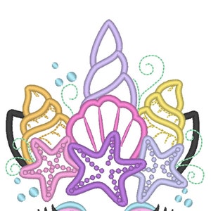 Mermaid Sea Unicorn Head With Shell and Star Crown Applique Machine ...