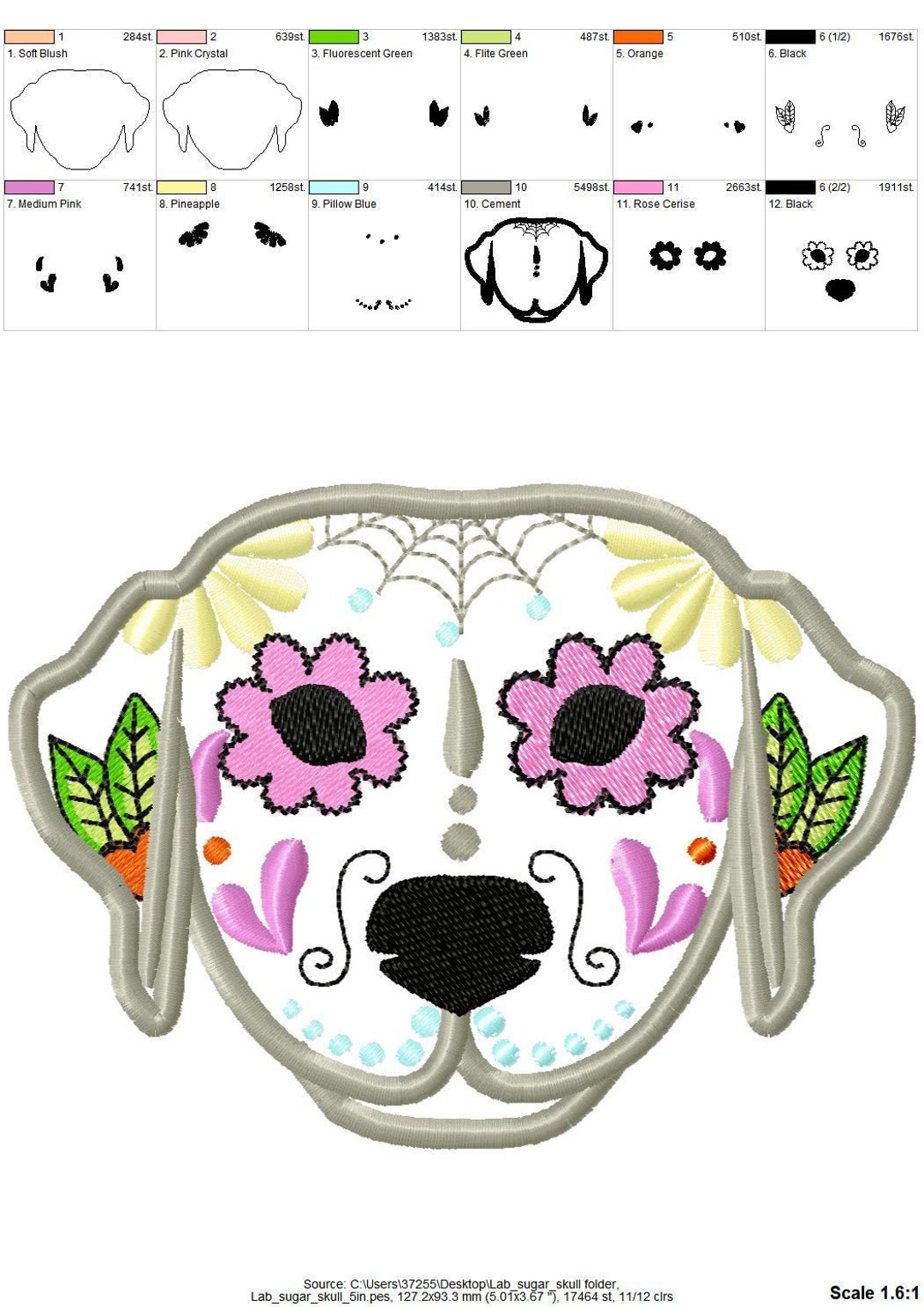 Lab Labrador Sugar Skull Applique Machine Embroidery Design, Pet Dog ...