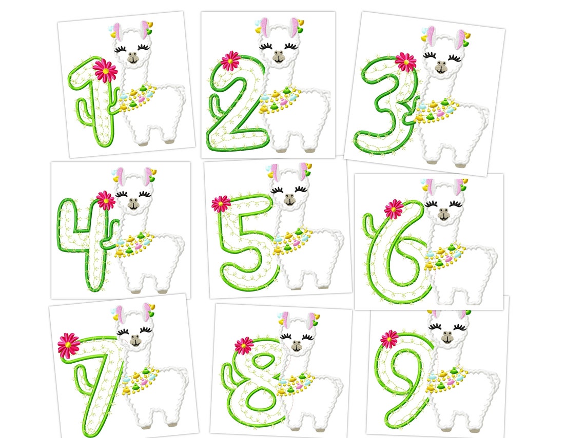 Llama Alpaca Birthday Cactus Number Set 1-9 Applique Designs Pretty ...