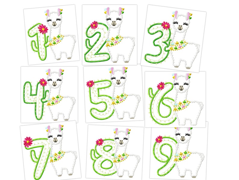 Llama Alpaca Birthday Cactus Number Set 1-9 Applique Designs Pretty ...