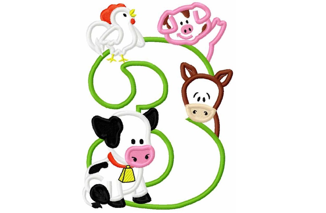 Farm Birthday Number THREE 3 With Cow, Pig, Horse and Rooster - Cute ...