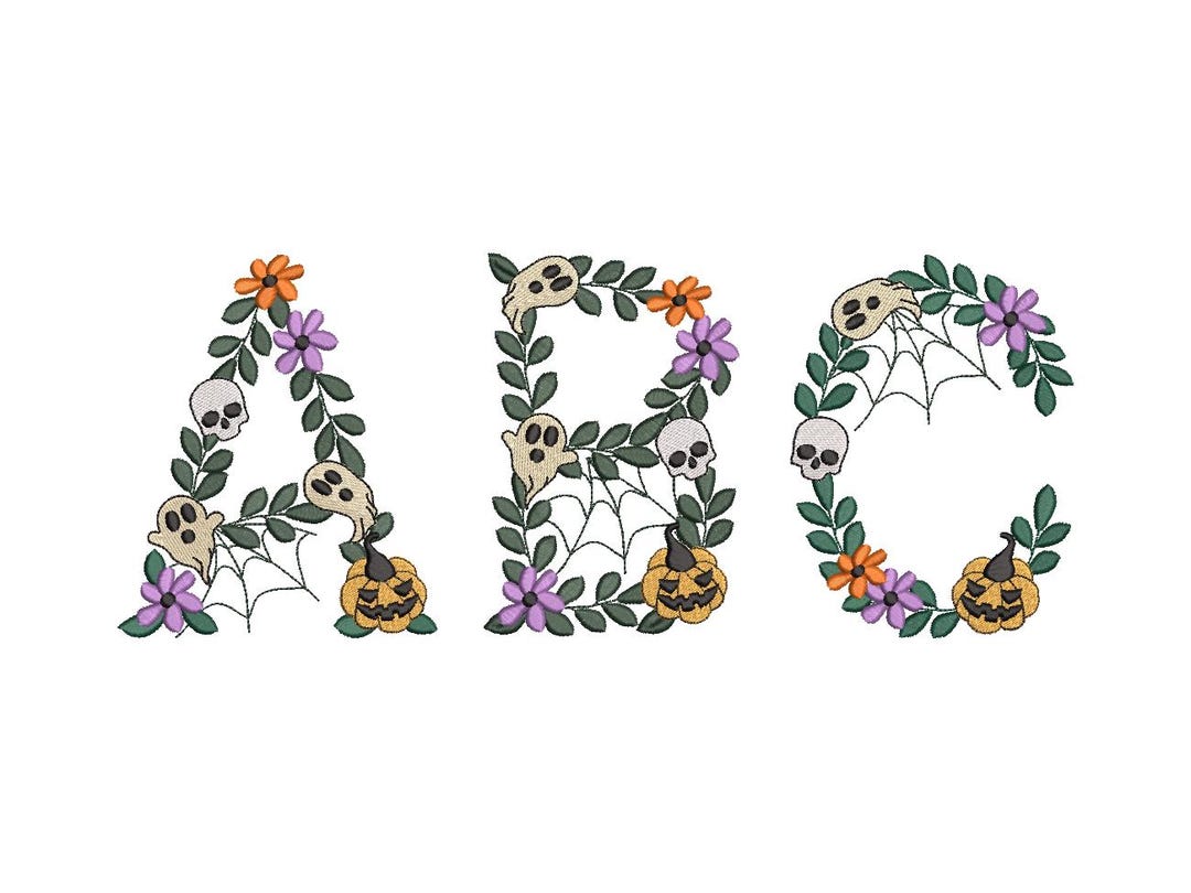 Spooky Skull Font Halloween Floral Alphabet Spider Web Ghost Jack-o ...