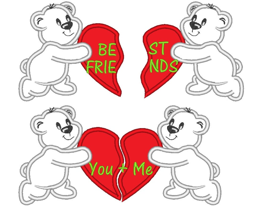 Teddies Best Friends mit geteiltem Herz 2 Arten Maschinenstickerei ...