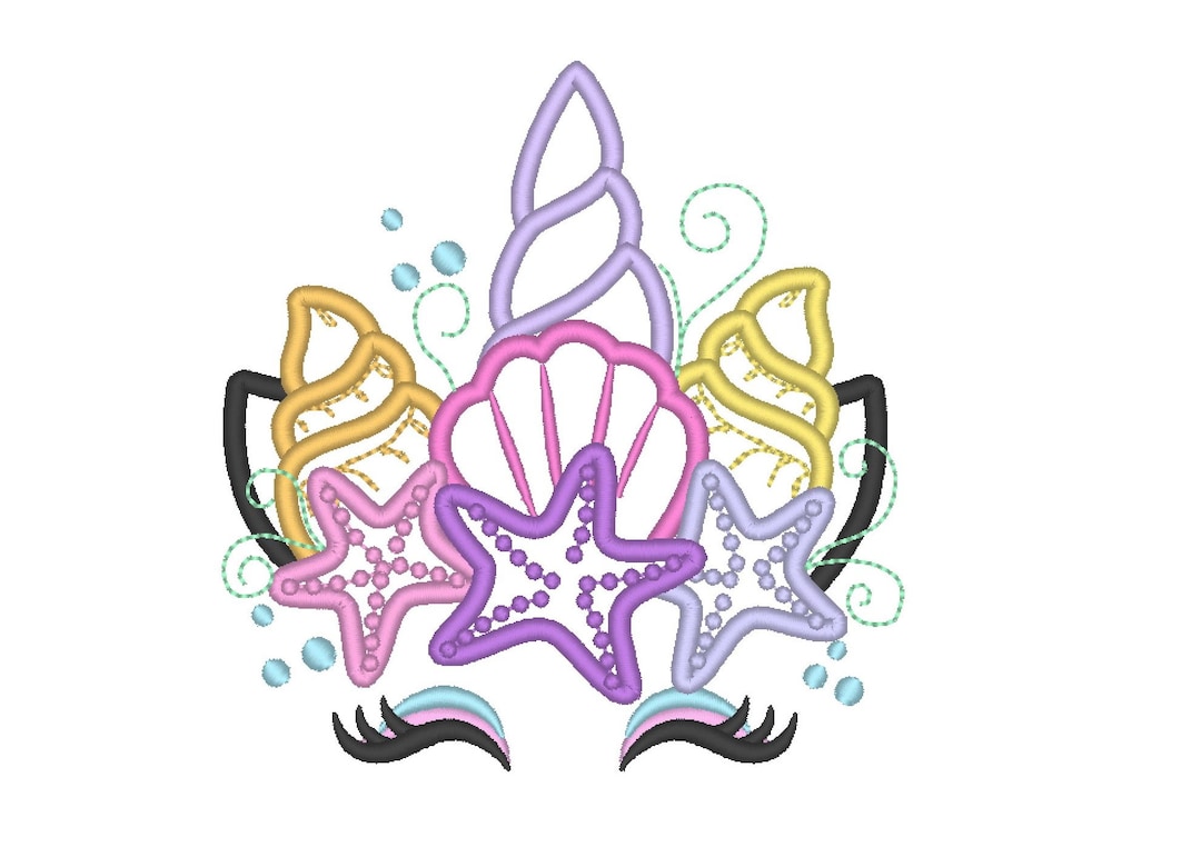 Mermaid Sea Unicorn Head With Shell and Star Crown Applique Machine ...