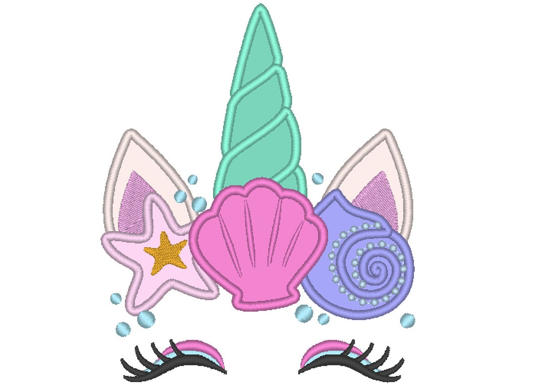 Mermaid Sea Unicorn Head With Shell and Star Crown Applique Machine ...